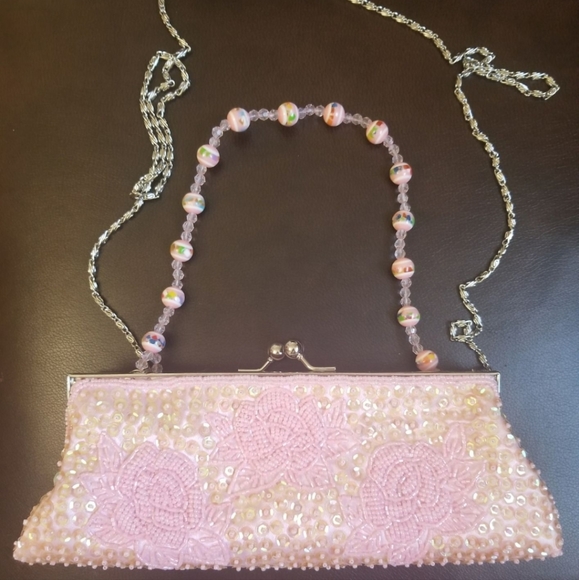 Bags | Embellished Beaded Sequin Pink Clutch Party Purse Rose Design ...